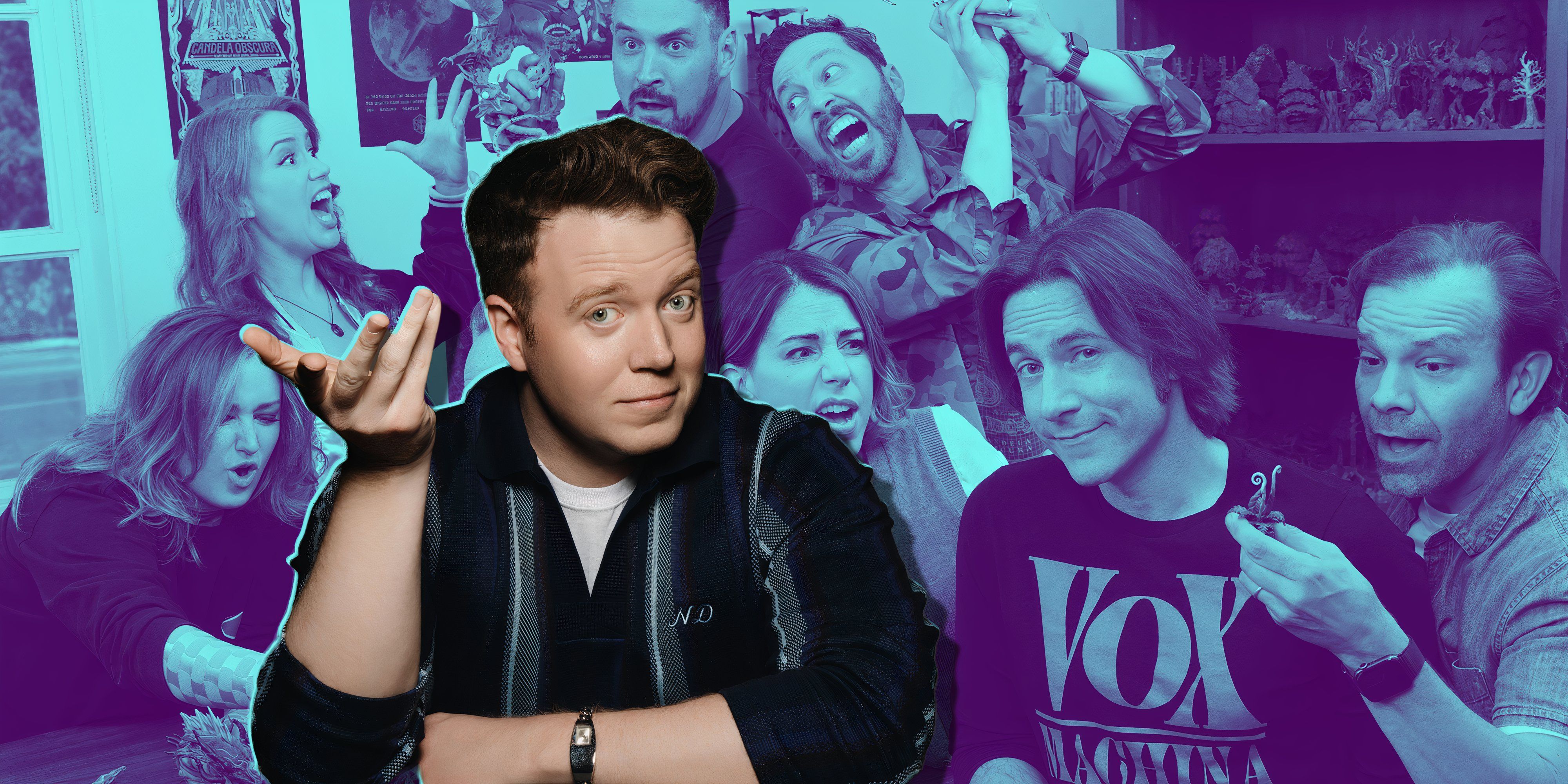 A photo of Brennan Lee Mulligan in front of the Critical Role cast.