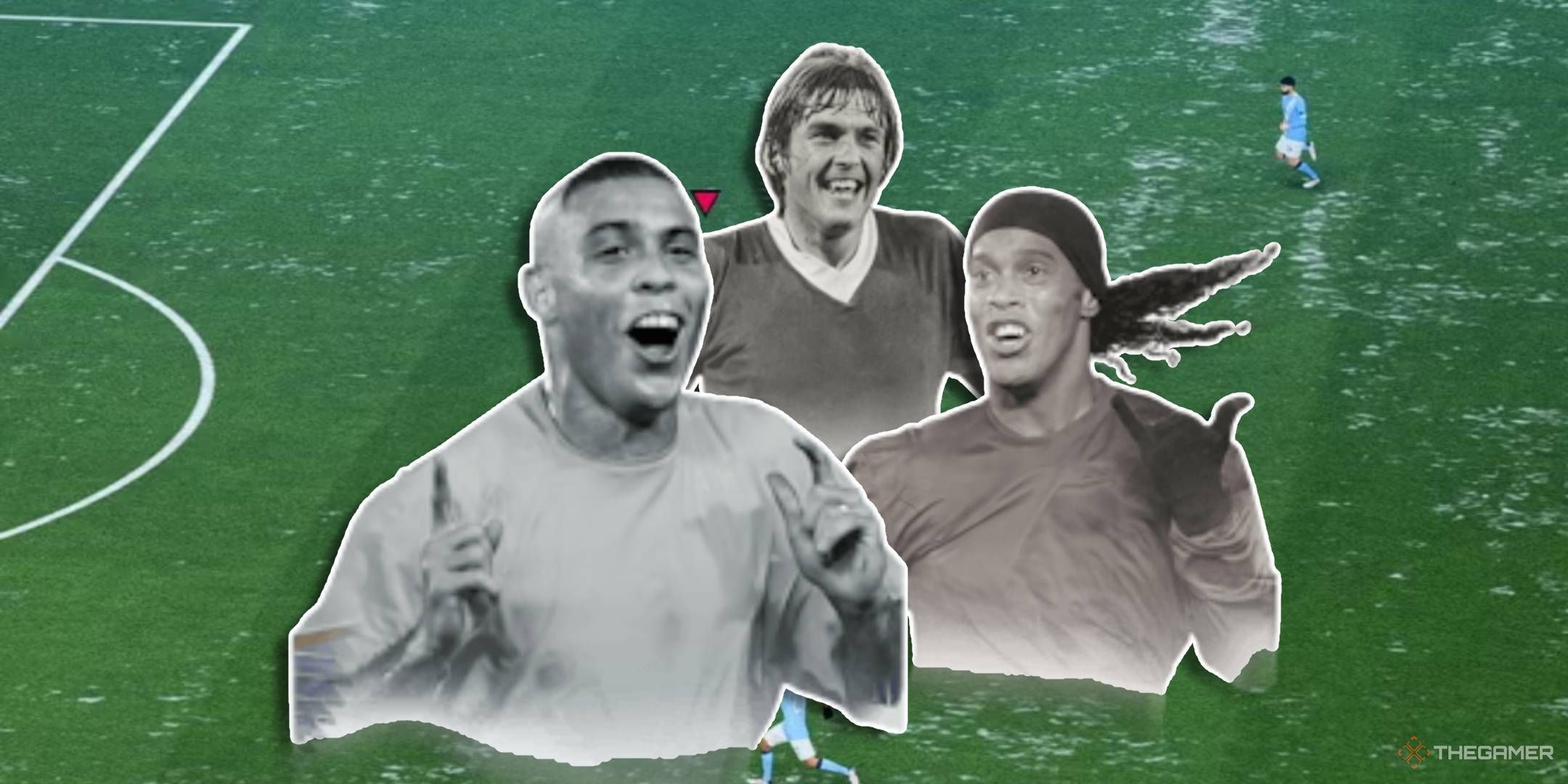 Ronaldo, Ronaldinho, and Dalglish in front of a snowy football pitch in EA FC 26